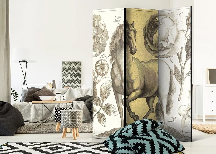 Двустранен параван с винтидж илюстрация на кон и цветя – GRANDecor